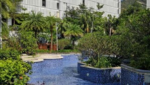 Piscina com azulejos azuis em mosaico, rodeada por vegetação exuberante e um edifício ao fundo.