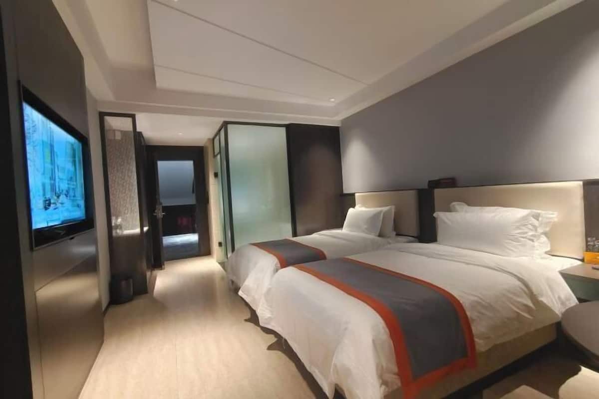 Quarto de hotel moderno com uma cama grande, televisão e closet espaçoso.
