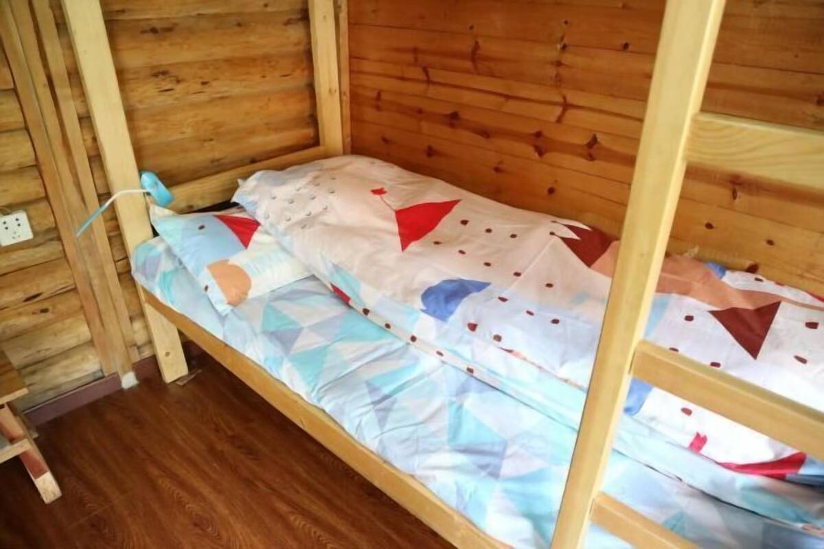 Uma cama beliche com colcha estampada e almofadas, paredes de madeira e piso de madeira.