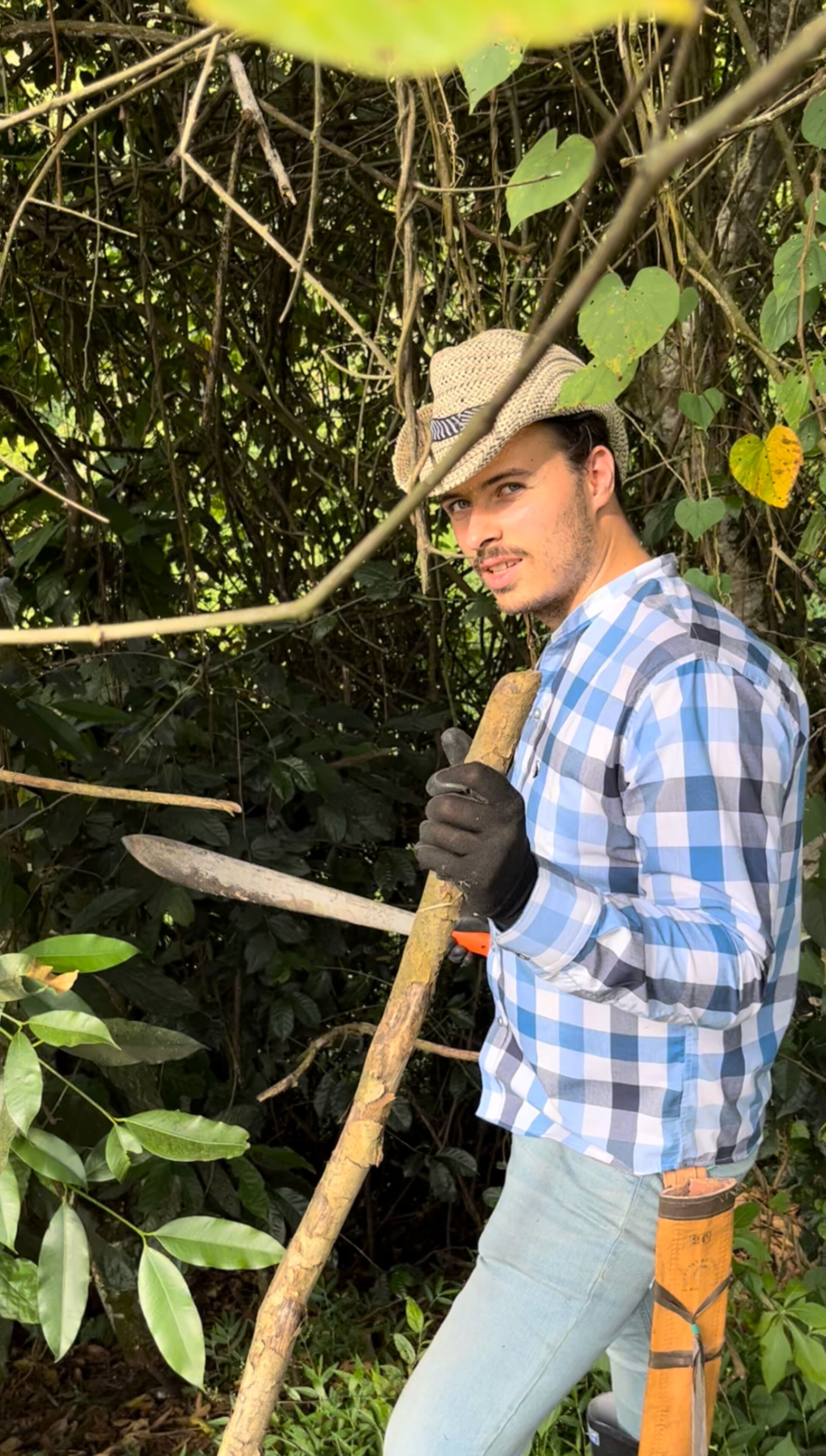 Uma pessoa vestindo camisa azul e branca xadrez, calça jeans azul claro e chapéu de palha, segurando um bastão de madeira e usando luvas pretas.