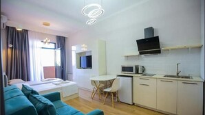 Um espaço compacto com cozinha compacta, área de refeições e sofá.