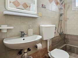 Chuveiro, secador de cabelo, toalhas de banho, sabonete