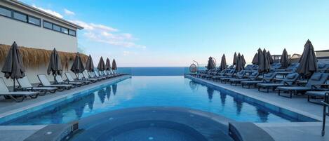 Piscina externa, funciona das 8h às 18h, barracas, guarda-sóis