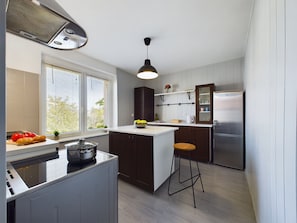 Apartamento, 2 quartos, sacada | Cozinha privada | Fogão, chaleira elétrica, talheres/pratos/utensílios de cozinha, freezer