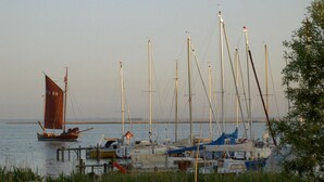 Marina com vários veleiros atracados, um cais de madeira e um gramado em primeiro plano.