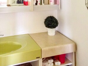 Um banheiro com uma pia verde, uma pequena planta em vaso e produtos de higiene em prateleiras.