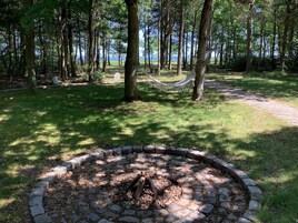 Uma área arborizada com uma fogueira em primeiro plano, delimitada por uma borda de pedra.