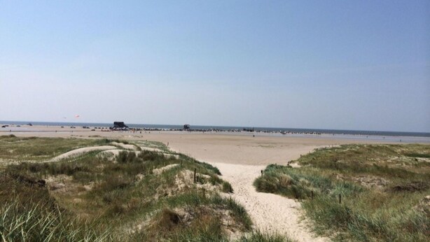 Uma praia com um caminho de areia que leva à água, cercada por dunas gramadas.