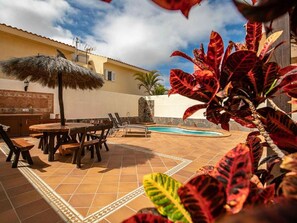 Um pátio com piscina, móveis de exterior e plantas tropicais.