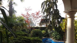Um jardim com piscina, rodeado por diversas plantas e árvores.