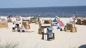 Uma praia com várias cadeiras de praia e guarda-sóis, alguns com números.