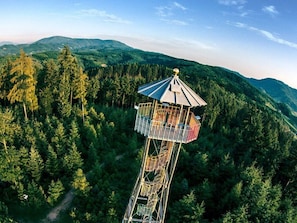 Uma torre com varanda, rodeada por uma floresta densa e montanhas ao fundo.