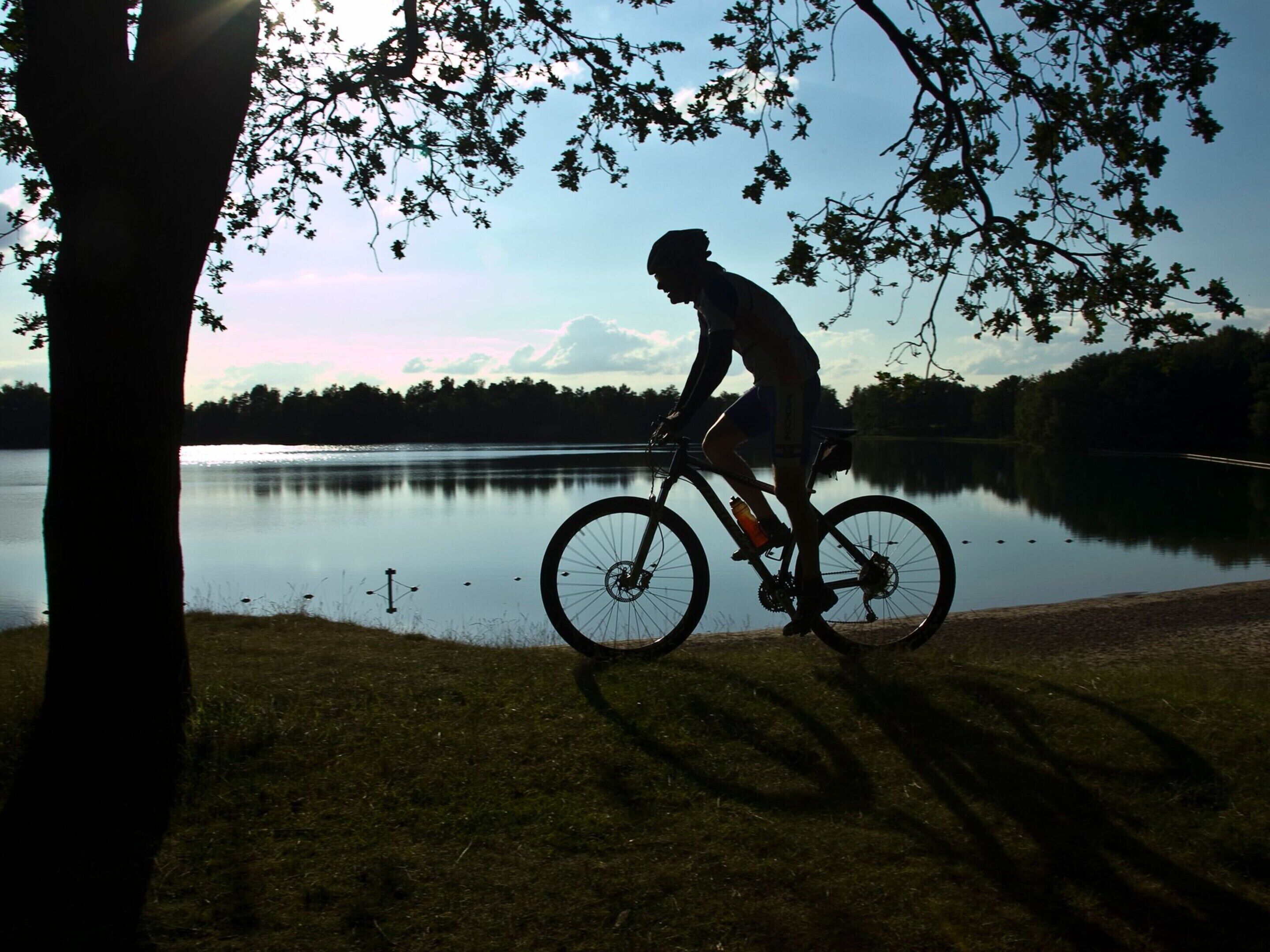 Uma pessoa pedala perto de um lago calmo, com árvores ao fundo.