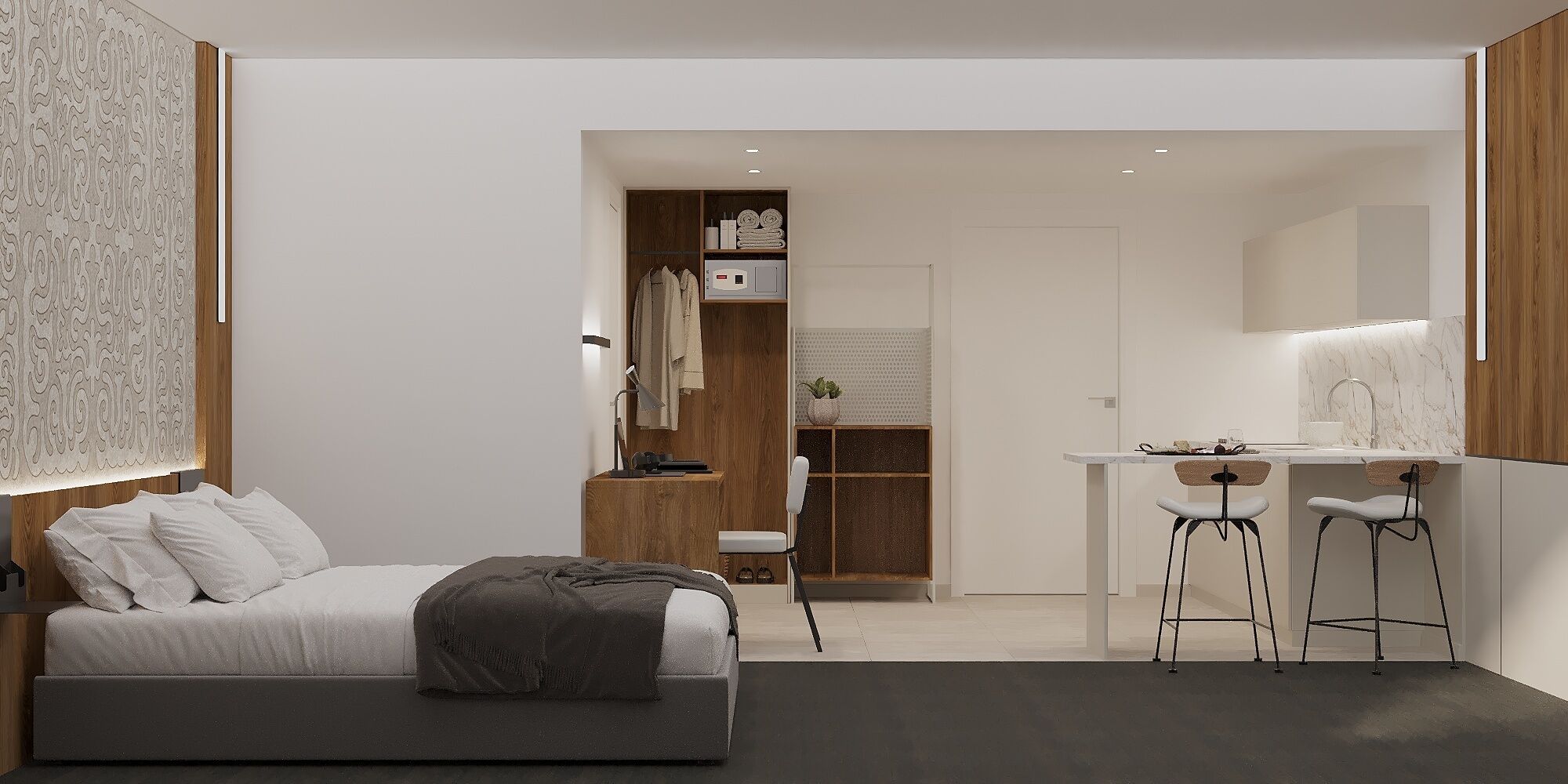 Quarto moderno com cama, escrivaninha com duas cadeiras, guarda-roupa e banheiro.