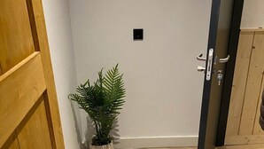 Um corredor com piso de madeira, um vaso de planta e uma porta com puxador.