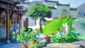 Um edifício tradicional com telhado ladrilhado e um vaso de planta em primeiro plano.