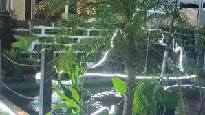 Uma fonte cercada por vegetação e iluminada por luzes de Natal, protegida por uma cerca de arame.