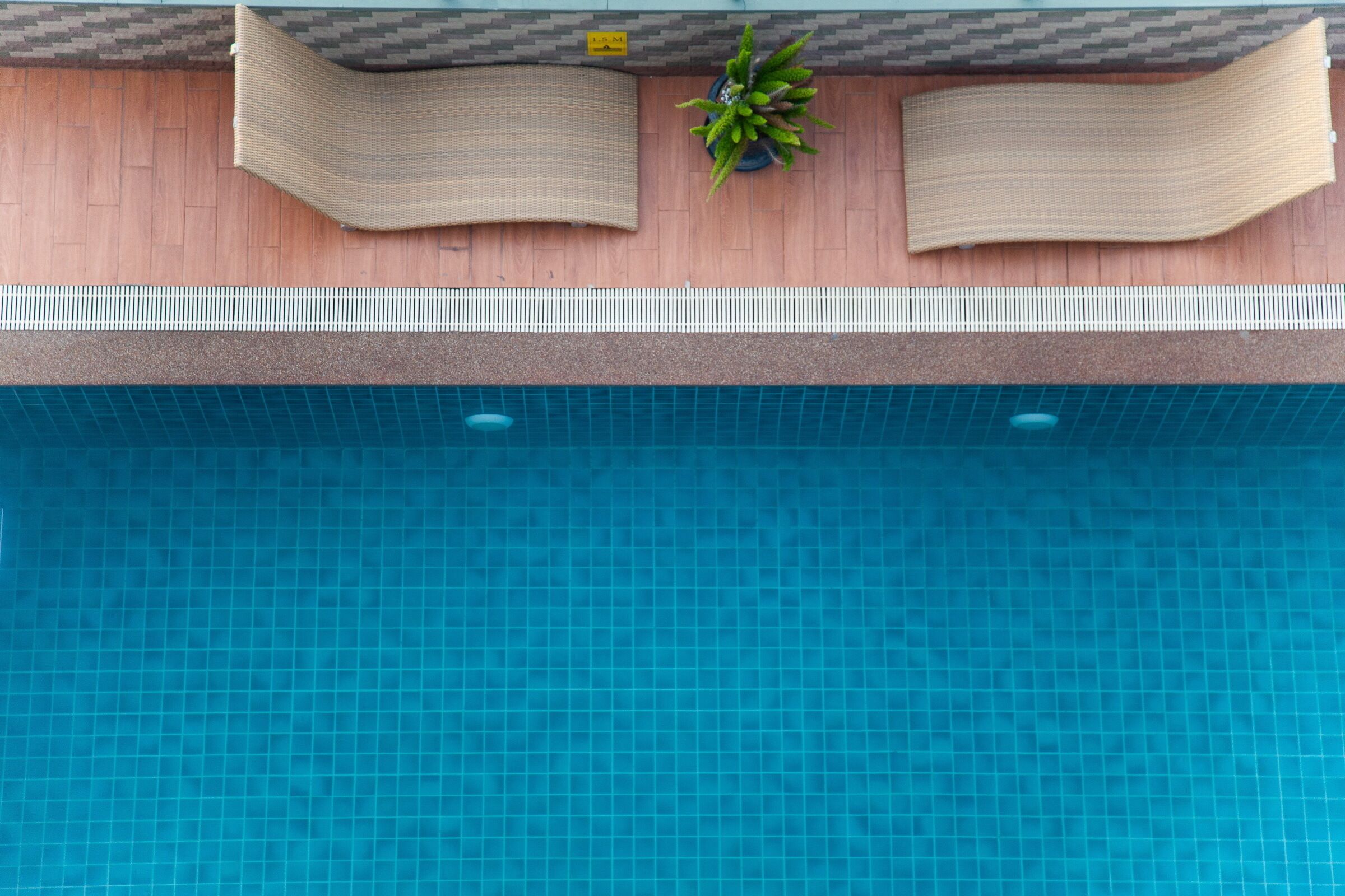 Uma piscina com piso ladrilhado, duas espreguiçadeiras de fibra e uma planta em vaso sobre um deck de madeira.