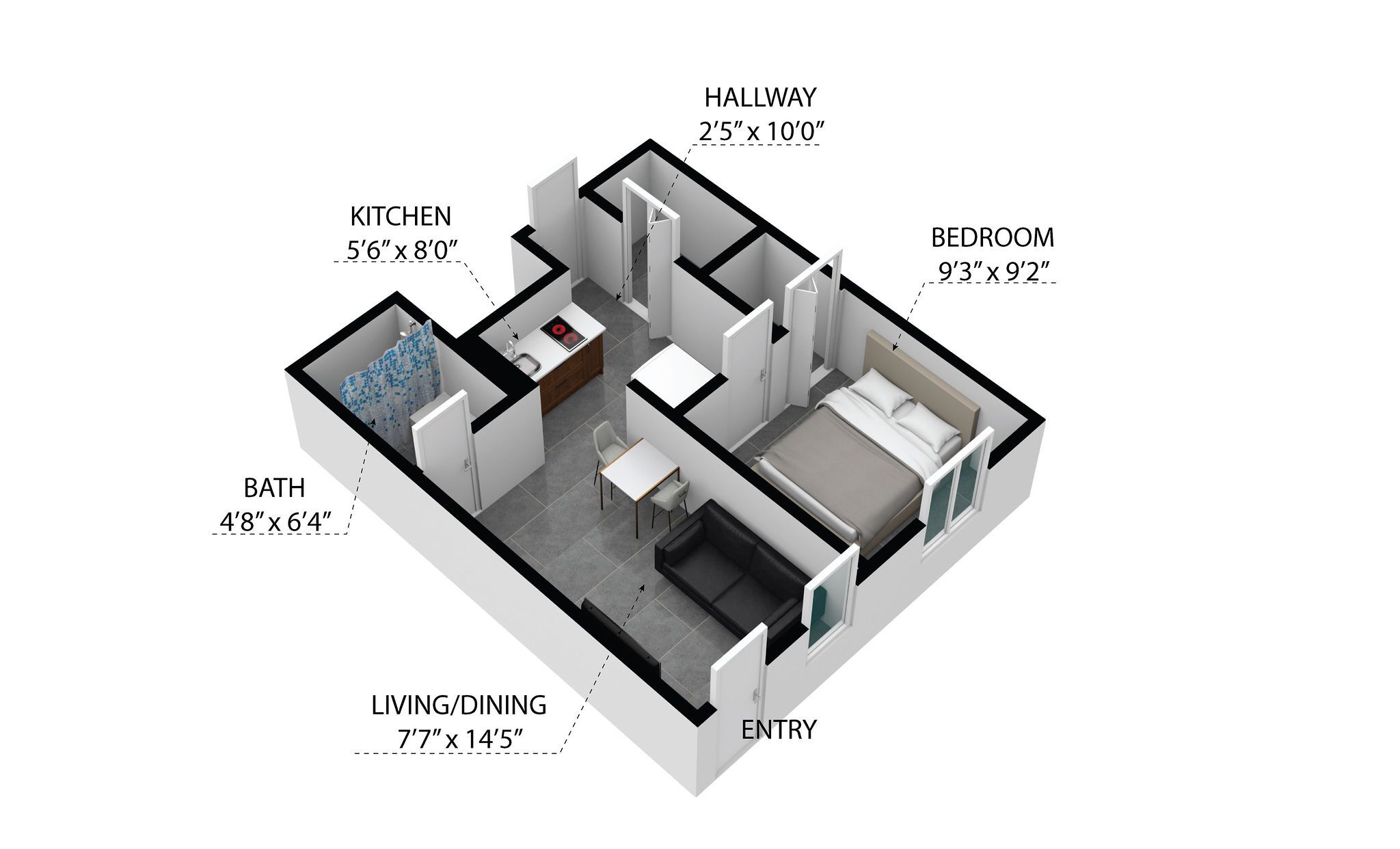 Planta baixa em 3D de um apartamento compacto com cozinha, banheiro, sala de estar/jantar, quarto e hall de entrada.