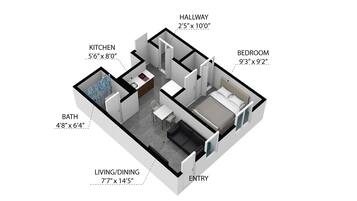 Planta baixa em 3D de um apartamento compacto com cozinha, banheiro, sala de estar/jantar, quarto e hall de entrada.