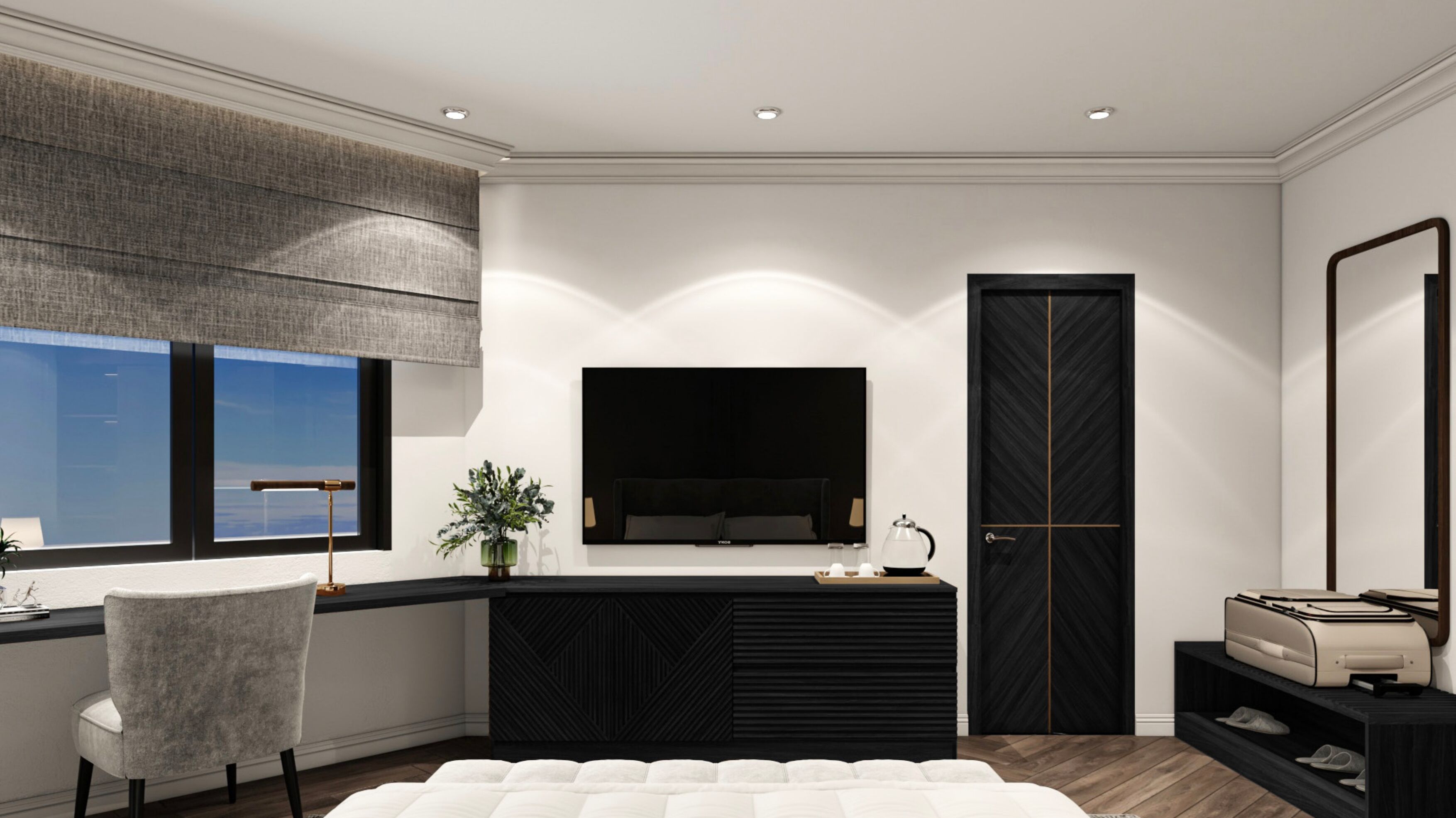 Uma sala de estar moderna com uma janela grande, uma televisão de tela plana, uma porta preta e um espaço de estar com um sofá branco.