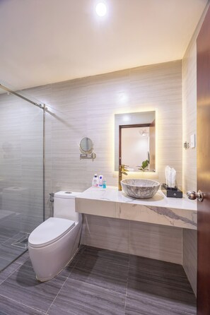 Quarto Duplo Standard | Casa de banho | Um polibã, produtos de higiene exclusivos, um secador de cabelo 