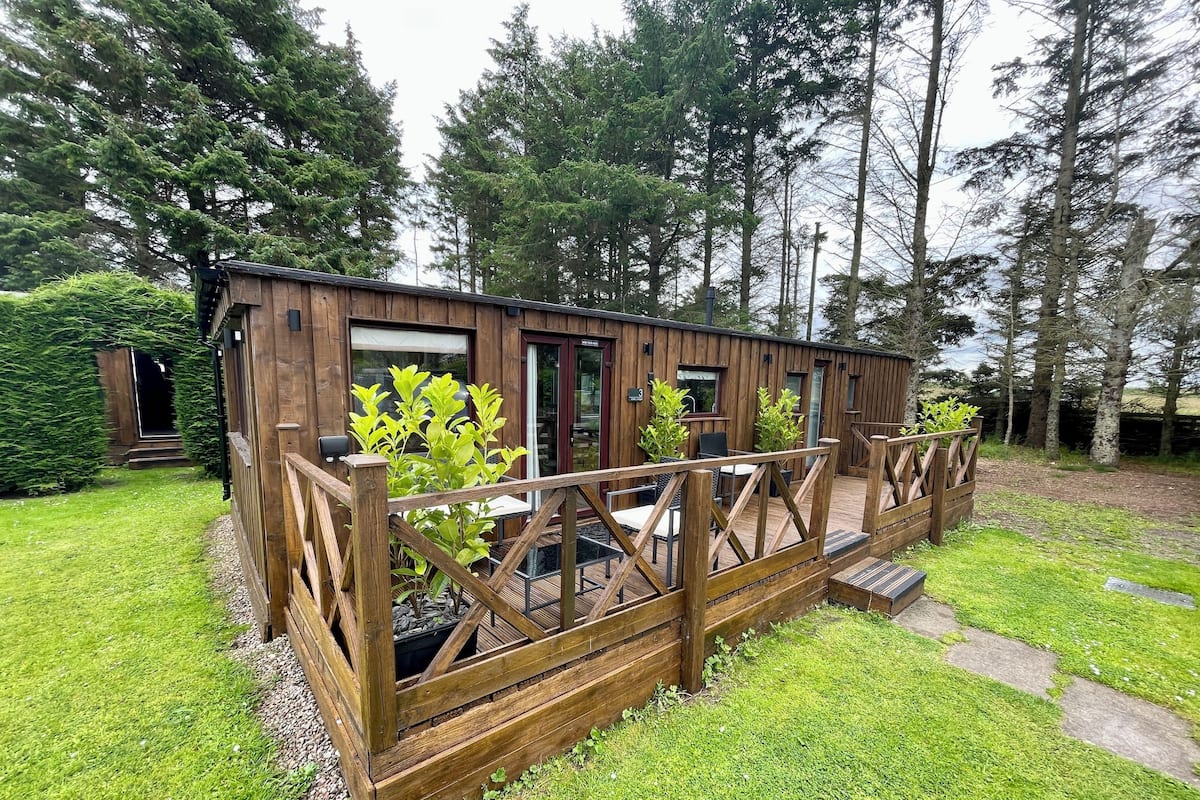 Uma cabana de madeira com varanda, rodeada por um jardim exuberante e árvores altas.
