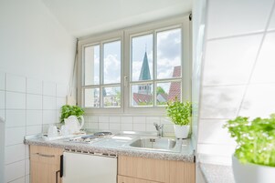 Dúplex | Cozinha privada | Minifrigorífico, um micro-ondas, uma placa de cozinha 