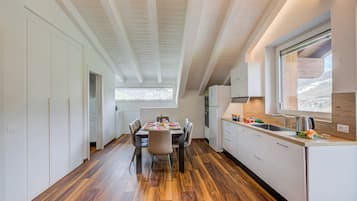 Apartamento família, vários quartos, 2 banheiros (Cimetta) | Cozinha privada | Geladeira, micro-ondas, cooktop, lava-louças