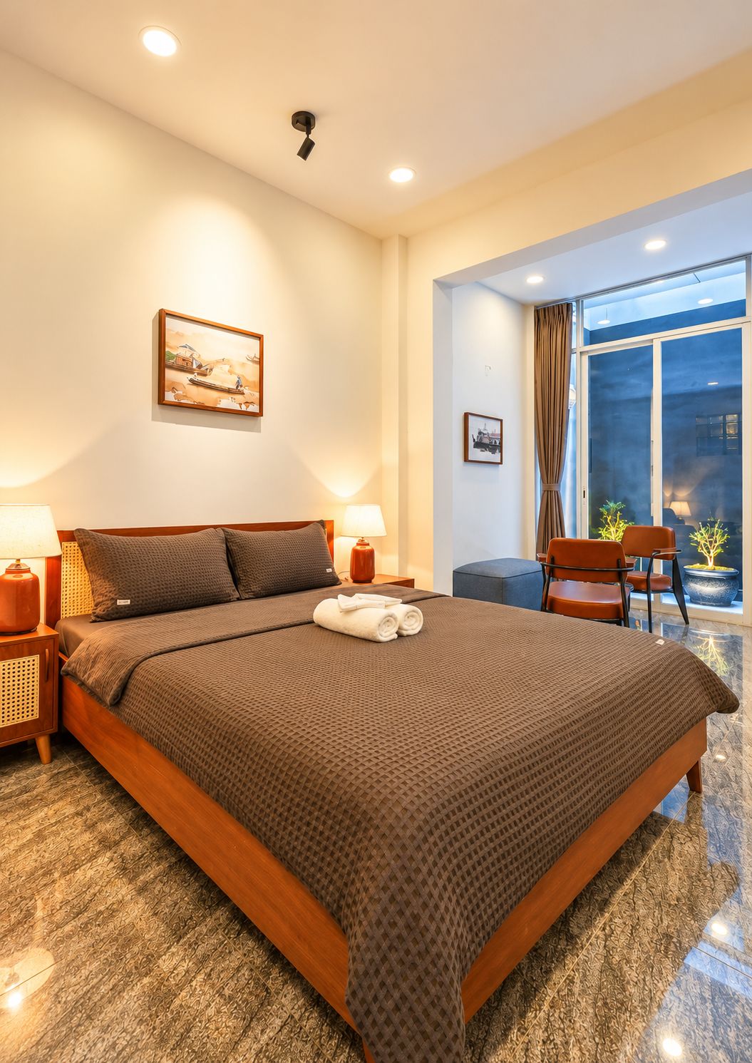 Quarto de hotel com uma cama grande, duas luminárias de cabeceira, uma janela com cortinas, uma mesinha com cadeiras e um quadro na parede.