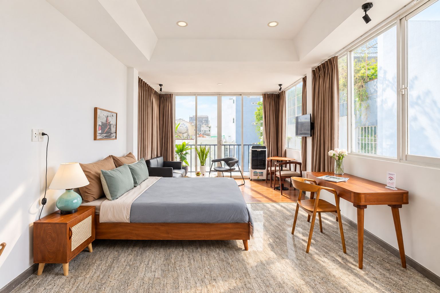 Quarto de hotel com cama, escrivaninha, cadeiras, televisão e grandes janelas.