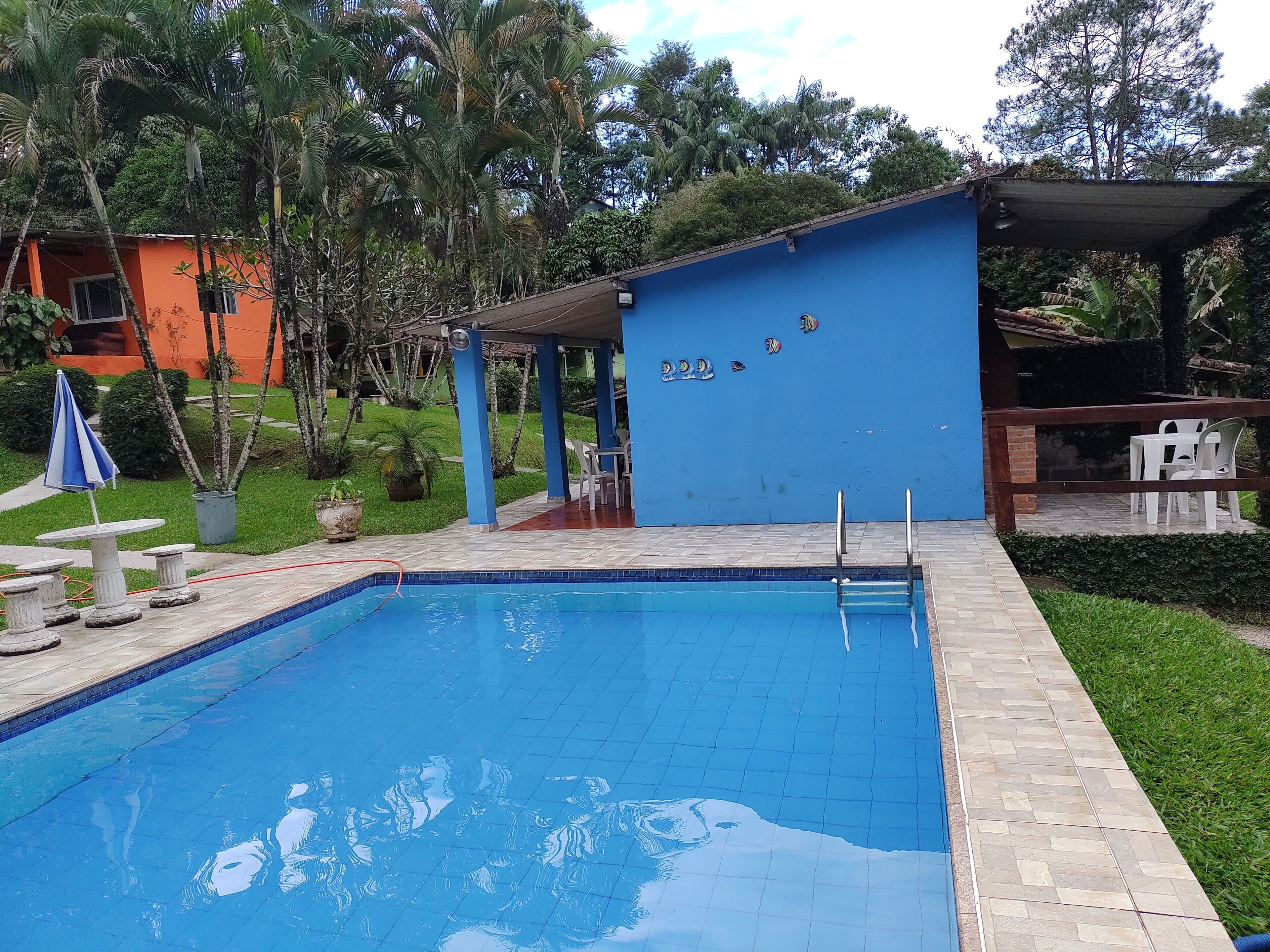 Uma piscina com deck ladrilhado, rodeada por vegetação e um edifício azul com varanda coberta.