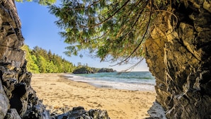Uma praia com formações rochosas e árvores.