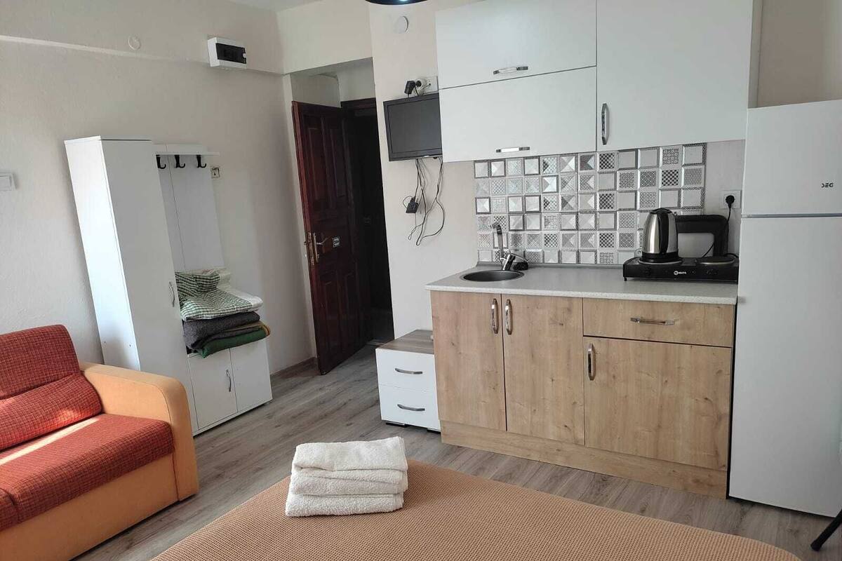 Um espaço compacto com cozinha compacta, sofá e cama.