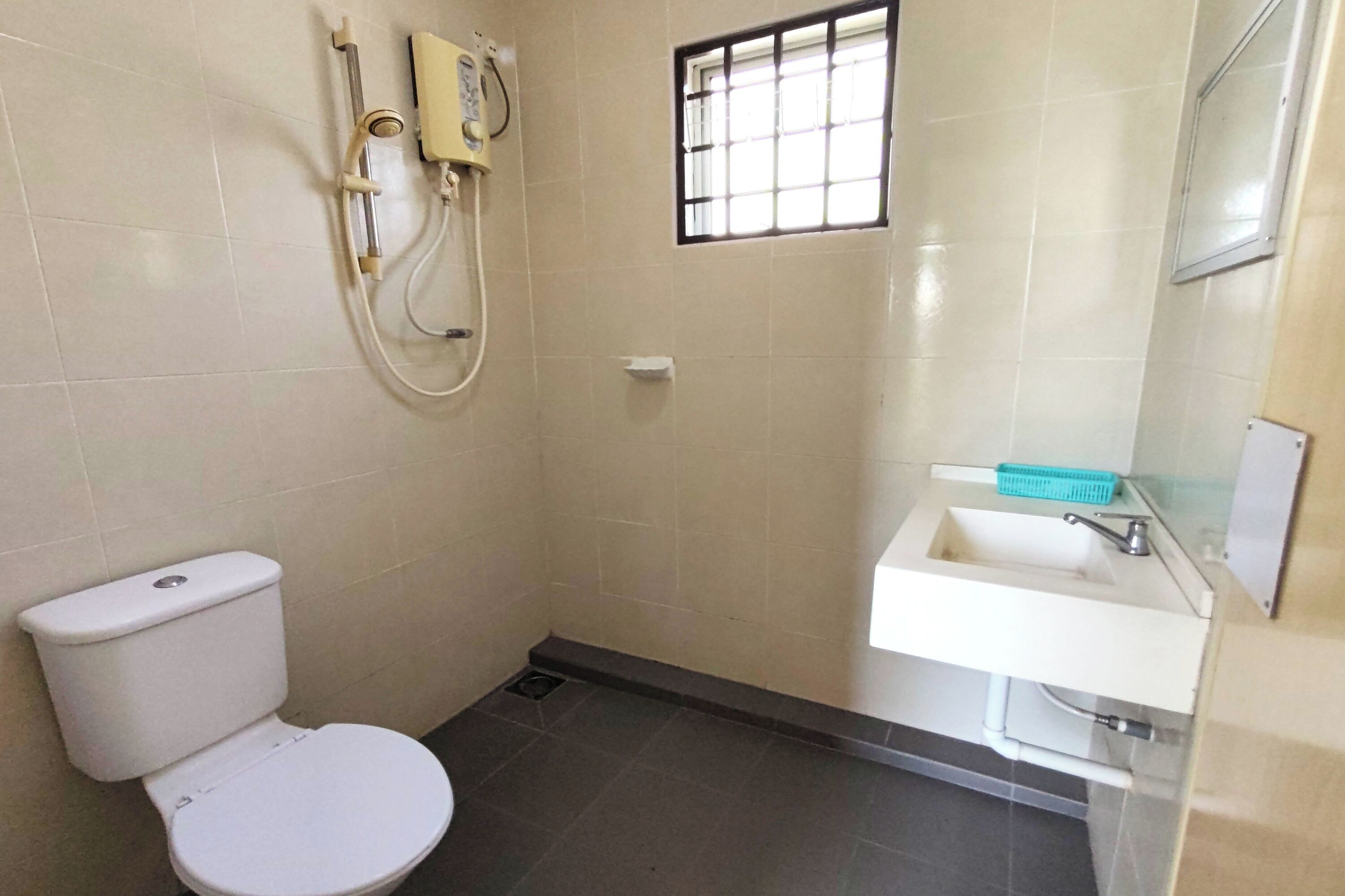 Uma casa de banho pequena com sanita, lavatório e chuveiro.