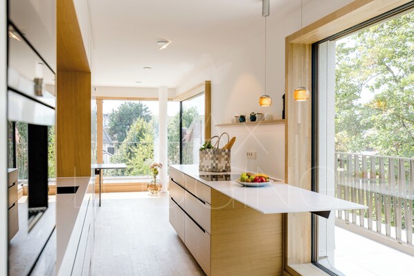 Penthouse | Cozinha privada | Minifrigorífico, um micro-ondas, um forno, uma placa de cozinha