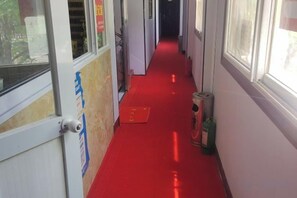 Um corredor estreito com carpete vermelho, uma porta à esquerda e uma janela à direita.