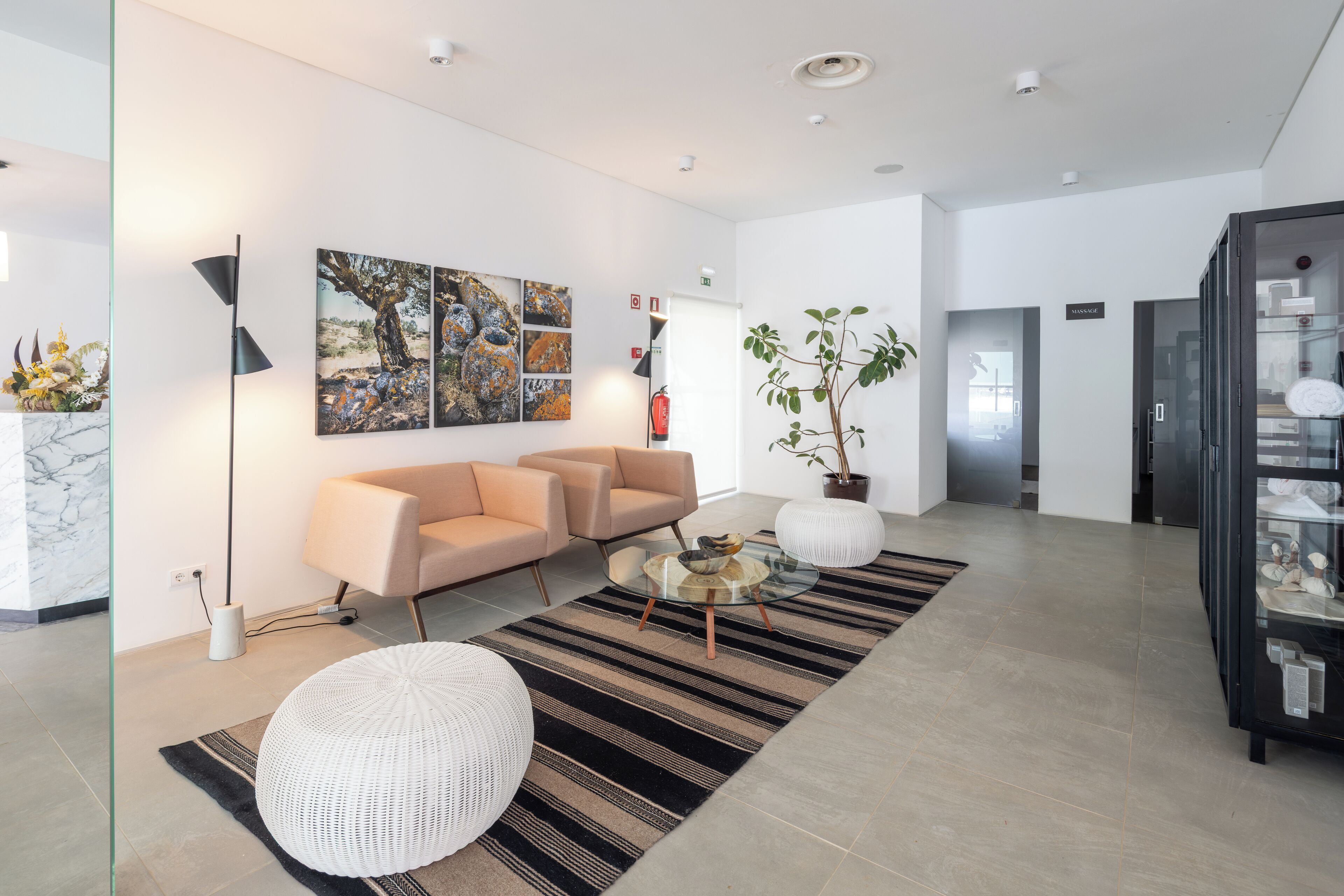 Uma sala de estar moderna com um sofá, uma mesa de centro de vidro e um tapete listrado. Há quadros abstratos na parede e um vaso com planta.