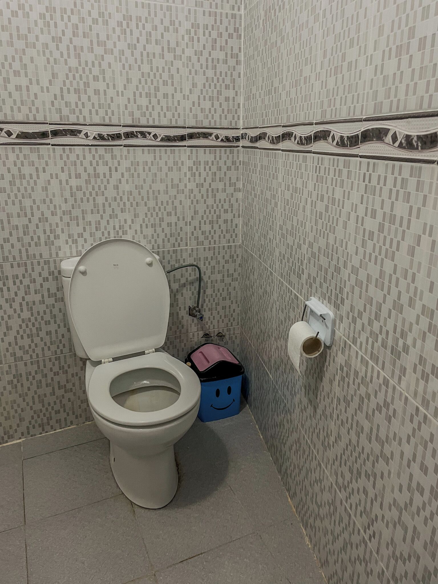 Um banheiro com um vaso sanitário, uma caixa de armazenamento azul com carinha sorridente e um rolo de papel higiênico na parede.