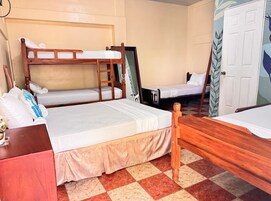Quarto com uma cama de solteiro, uma cama individual, uma escrivaninha de madeira e uma porta com padrão de folha.