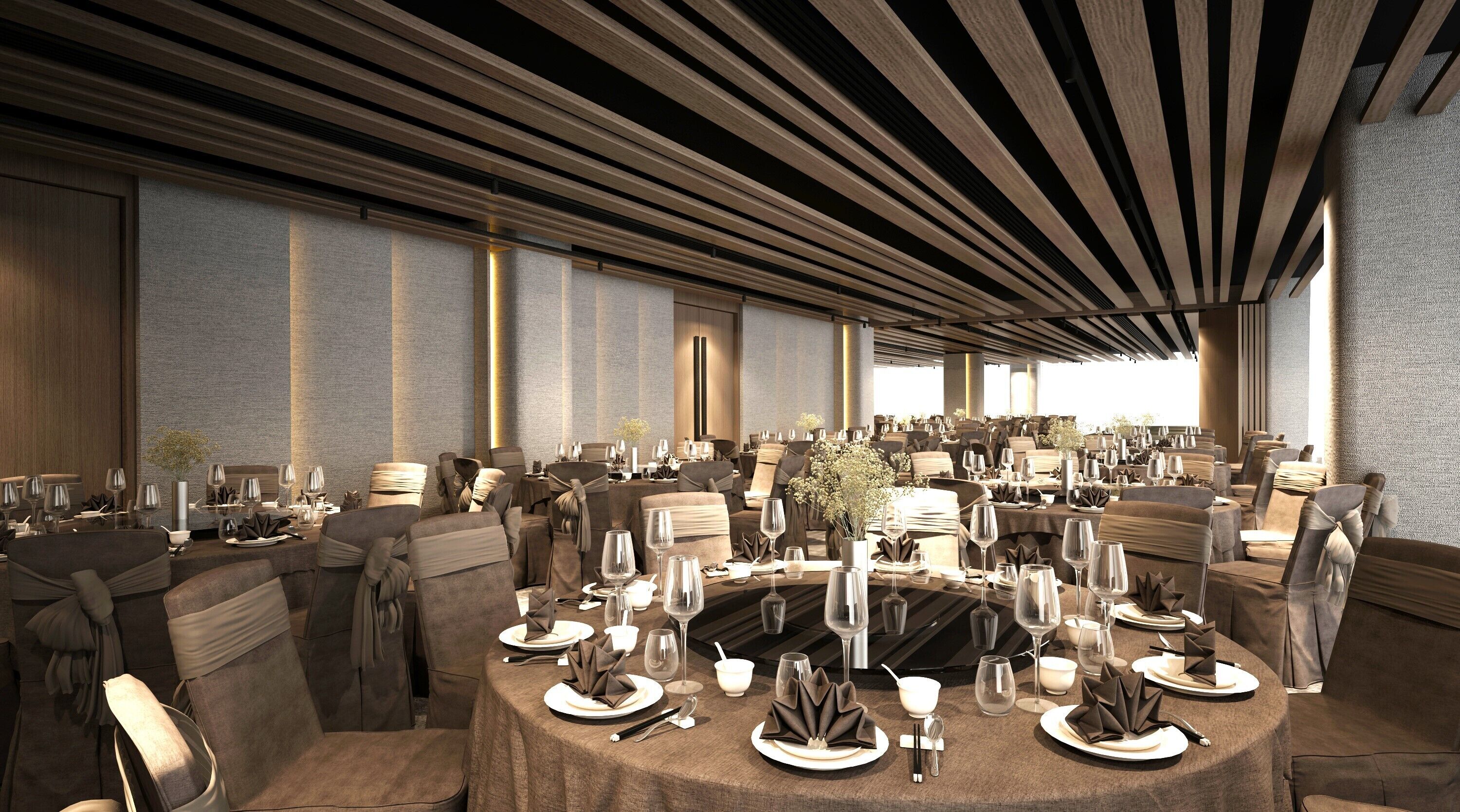 Um salão de banquetes espaçoso, ricamente decorado, com pé-direito alto e mobiliário moderno.