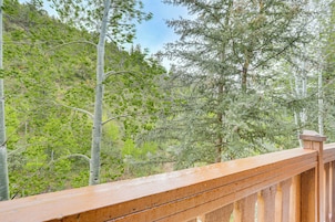 Um deck de madeira com vista para uma área arborizada.
