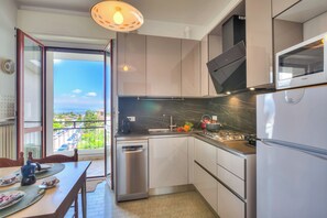 Um frigorífico, um micro-ondas, um forno, uma placa de cozinha 