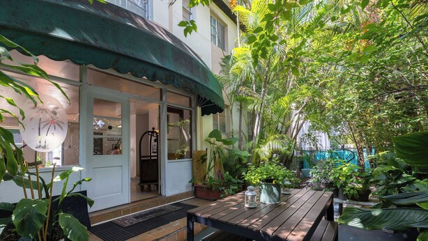 Área de pátio ao ar livre com mesa e bancos de madeira, cercada por plantas em vasos e toldo verde.