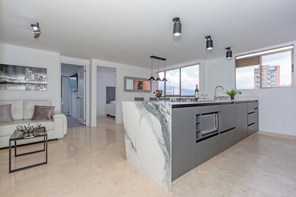 Apartamento, 2 quartos (503) | Cozinha privada | Um frigorífico, um micro-ondas, um forno, uma placa de cozinha