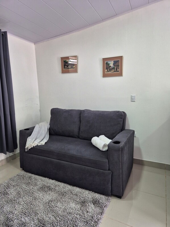 Um sofá cinzento com uma manta e toalhas enroladas, um tapete felpudo cinzento e duas molduras com quadros na parede.