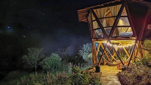Uma cabana de madeira acolhedora e elevada, com cama e rede, rodeada por vegetação exuberante e um céu noturno.