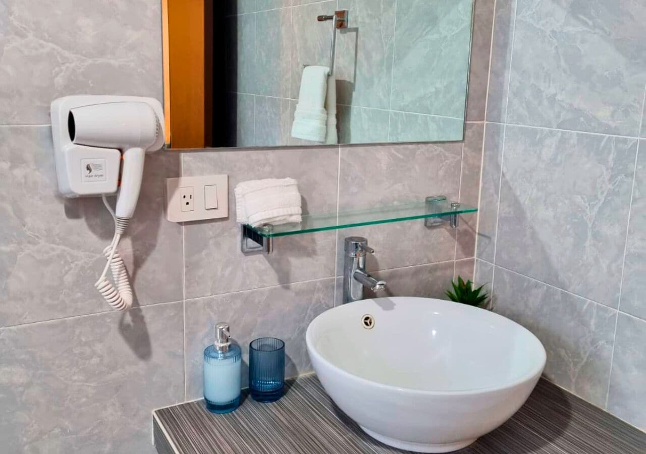 Casa de banho com lavatório branco, secador de cabelo, prateleira de vidro e uma pequena planta em vaso.