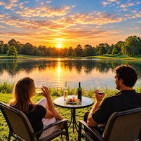 Duas pessoas sentadas em uma mesa redonda com vista para um lago e o pôr do sol.