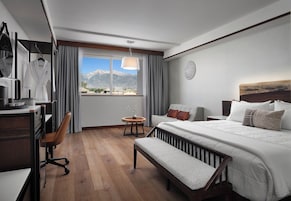 Quarto, 1 cama king-size, acessível, vista para a montanha (Roll-In Shower) | Lençóis de algodão egípcio, roupa de alta qualidade, edredões de penas